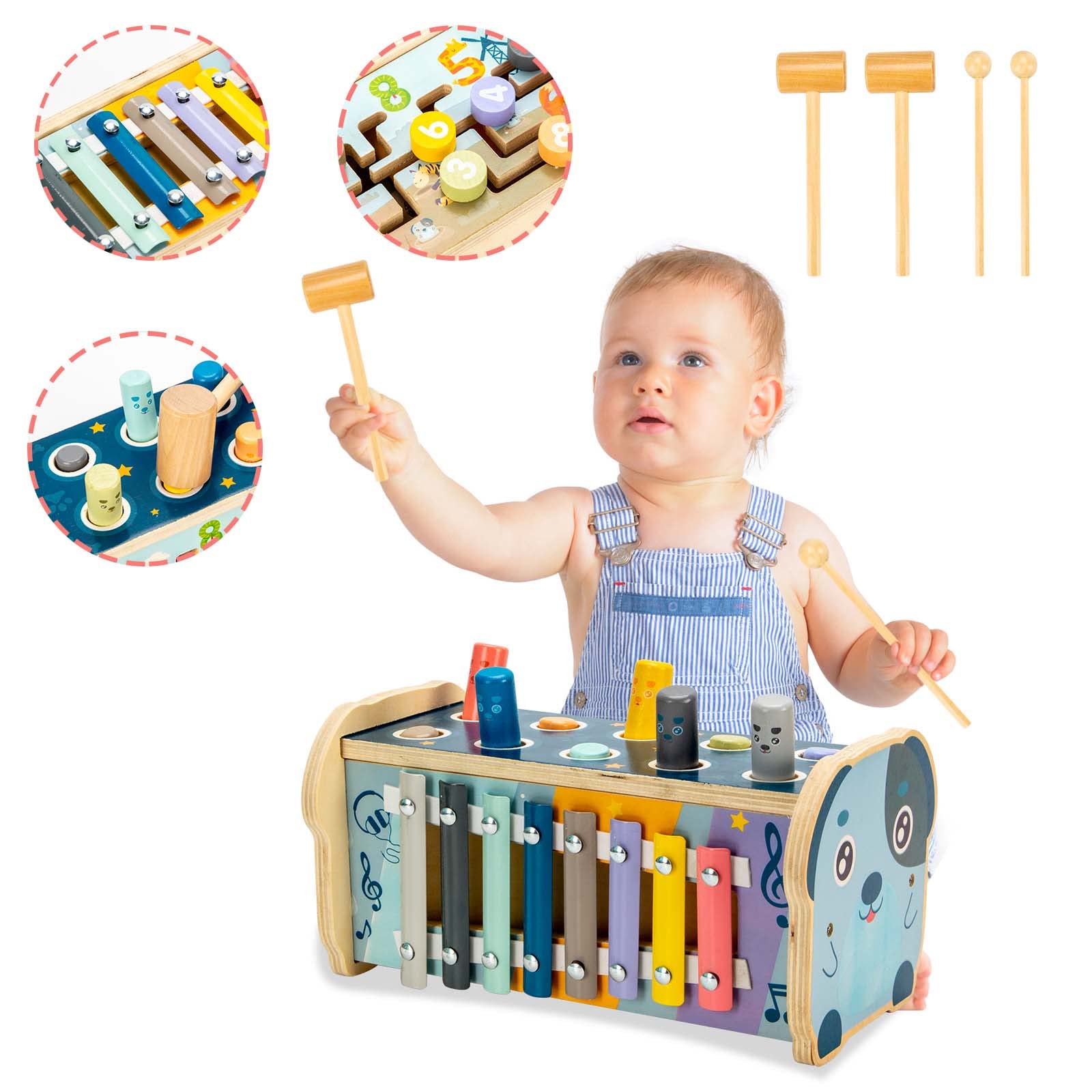 kogabanny Wooden Hammering Toy, Educational Pegs Pound Maze Puzzle Number Sorter Musical Toy with Xylophone, Hammers, Mallets, for Kids
