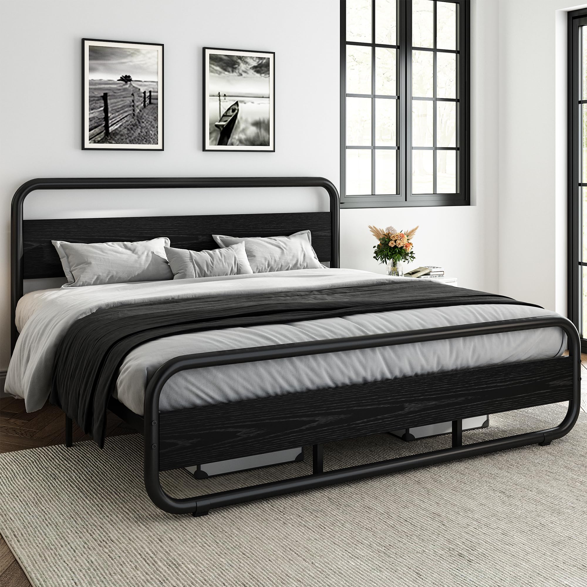Catrimown King Size Bed Frame, Metal King Bed Frame with LED Headboard, Rustic Industrial Heavy Duty Wooden Platform Bed Frame with Under Bed Storage, Noise Free, No Box Spring Needed, Black