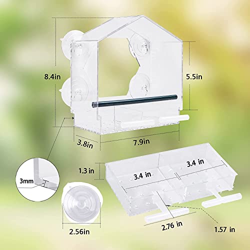 Fubullish Window Bird Feeder, Large Bird House Feeders for Outside with 4 Strong Suction Cups & 2 Extra Bird Stands, Removable Tray and Drain Holes, Birdhouse Shape, Clear Acrylic for Bird Watching