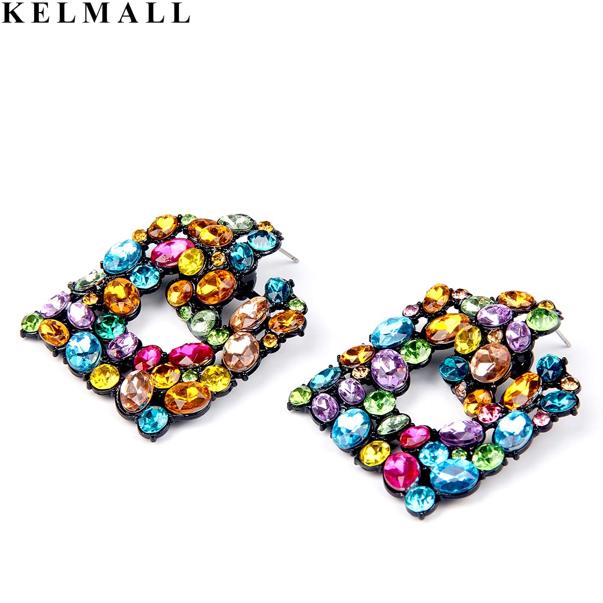 Crystal Square Dangle Statement Earrings Geometric Shaped with Colorful Rhinstone Drop Earrings for Women KELMALL COLLECTION