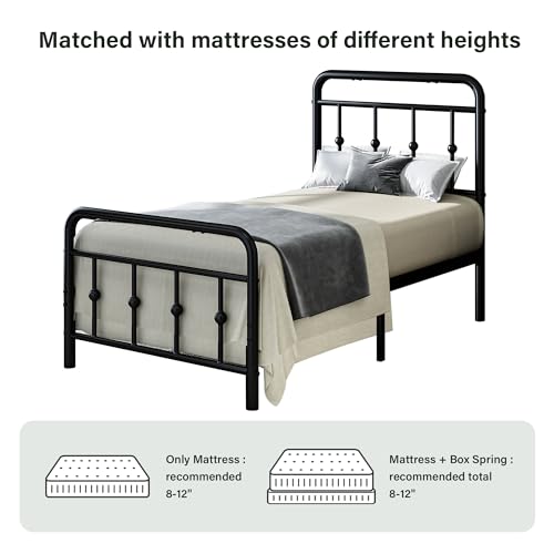 Catrimown Twin XL Bed Frame with Vintage Headboard and Footboard, Victorian Style, Wrought Iron, Under Bed Storage, No Box Spring Needed, Noise Free, Heavy Duty, Black