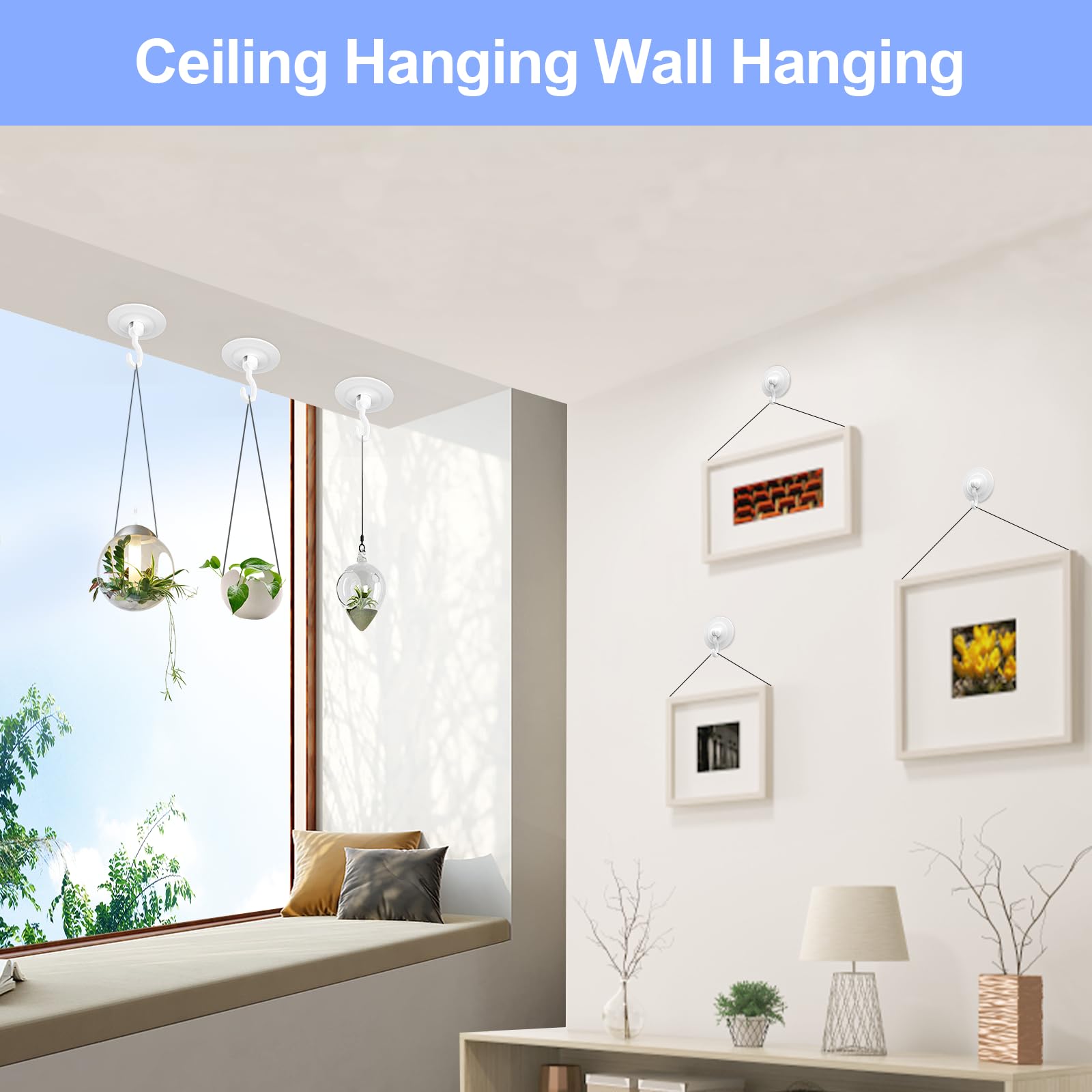 CHOOBY Adhesive Hooks Wall Ceiling: Heavy Duty Damage-Free No-Drill Waterproof Self Stick Cabinet Hook Hanging Small Plant Towel Lights Coat for Door Shower Bathroom Kitchen - 4Pack White