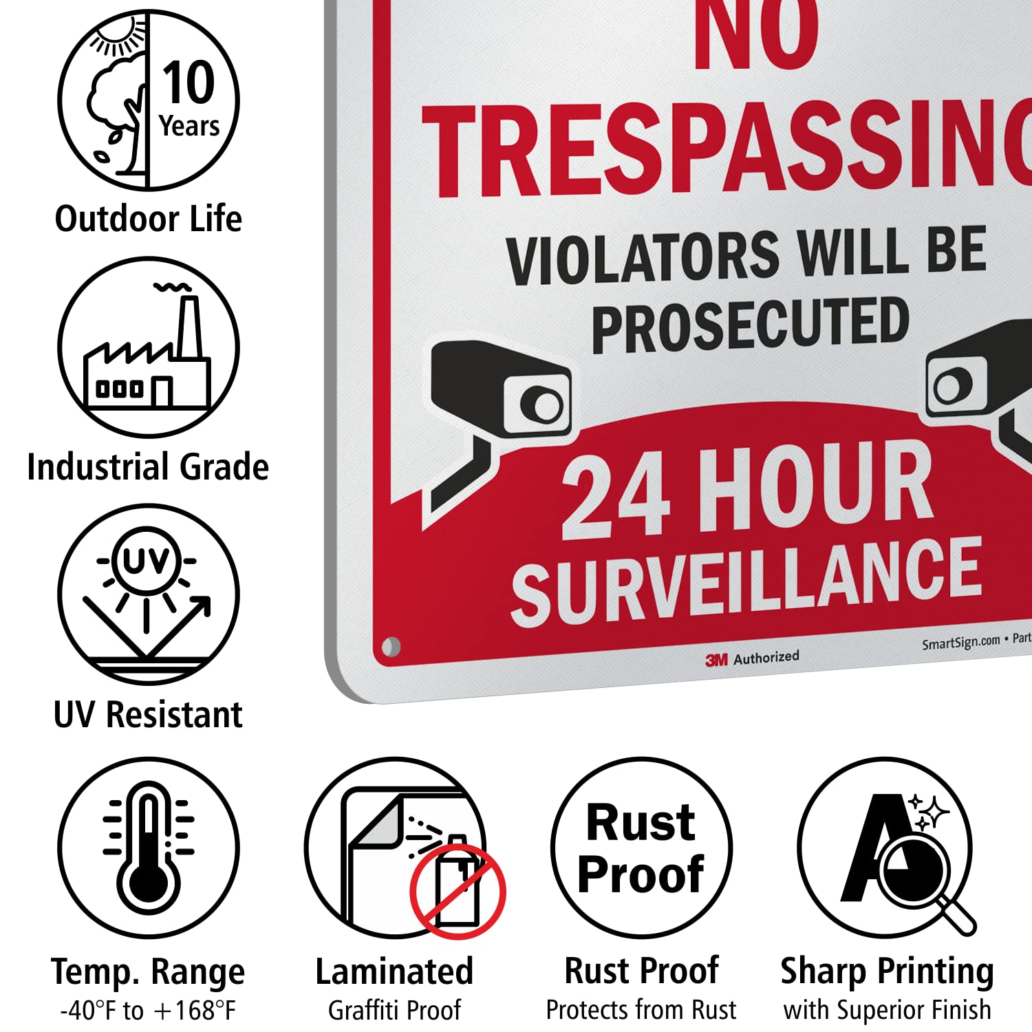 SmartSign 18 x 12 inch “Danger - Authorized Personnel Only, No Trespassing, 24 Hour Surveillance” Metal Sign, 63 mil Aluminum, 3M Laminated Engineer Grade Reflective Material, Multicolor, USA-Made