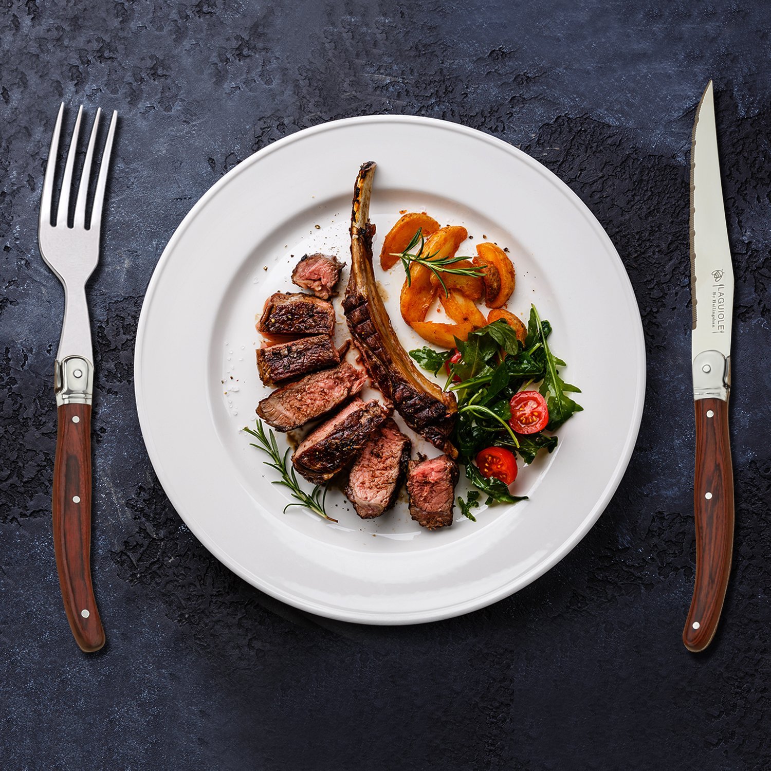 Laguiole by Hailingshan Steak knives Serrated Edge Sharp Light Premium Dishwasher Safe Stainless Steel knife set of 8 wood handle with Gift Box