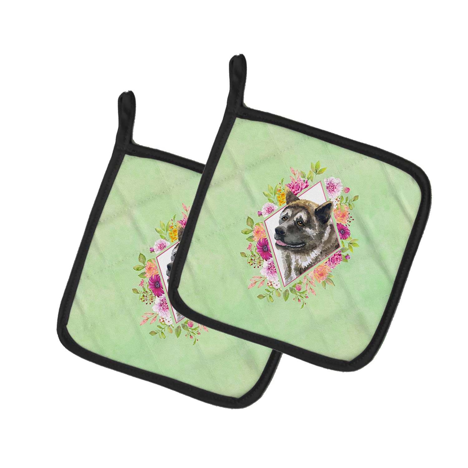 Caroline's Treasures CK4273PTHD Akita Green Flowers Pair of Pot Holders Kitchen Heat Resistant Pot Holders Sets Oven Hot Pads for Cooking Baking BBQ, 7 1/2 x 7 1/2