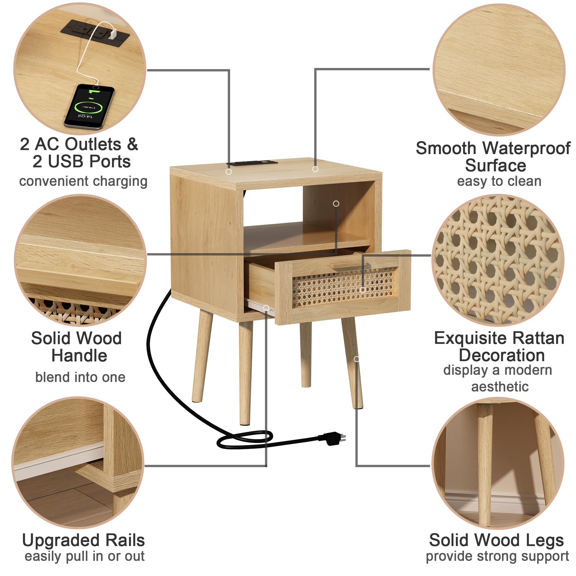 ChooChoo Rattan Nightstand with Charging Station, Boho Bedside Table with Drawer, Wood Accent End Side Table for Bedroom, Living Room and Small Spaces, Natural