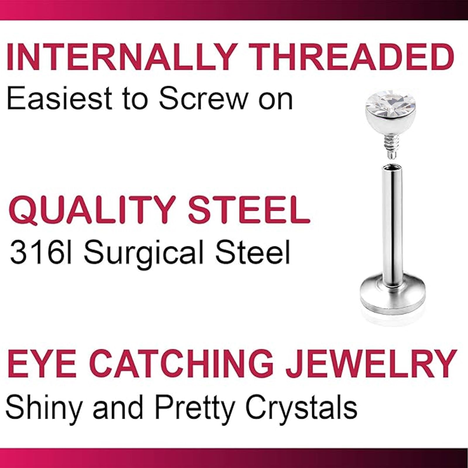 bodyjewellery 3pcs 16g 5/16 Labret Stud Lip Ring Snake Bite Conch Forward Helix Monroe Tragus Dahlia Marilyn Internally Threaded - Clear