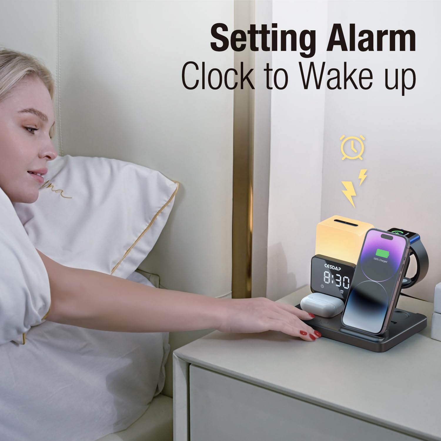 CESDAP C3 Pro Foldable 6 in 1 Charging Station for Multiple Devices with Alarm Clock Light 18W Charger for iPhone 15/14/13/12/11 for Apple Watch Charger for AirPods 3/2/Pro Gift for Women Men Dad Mom