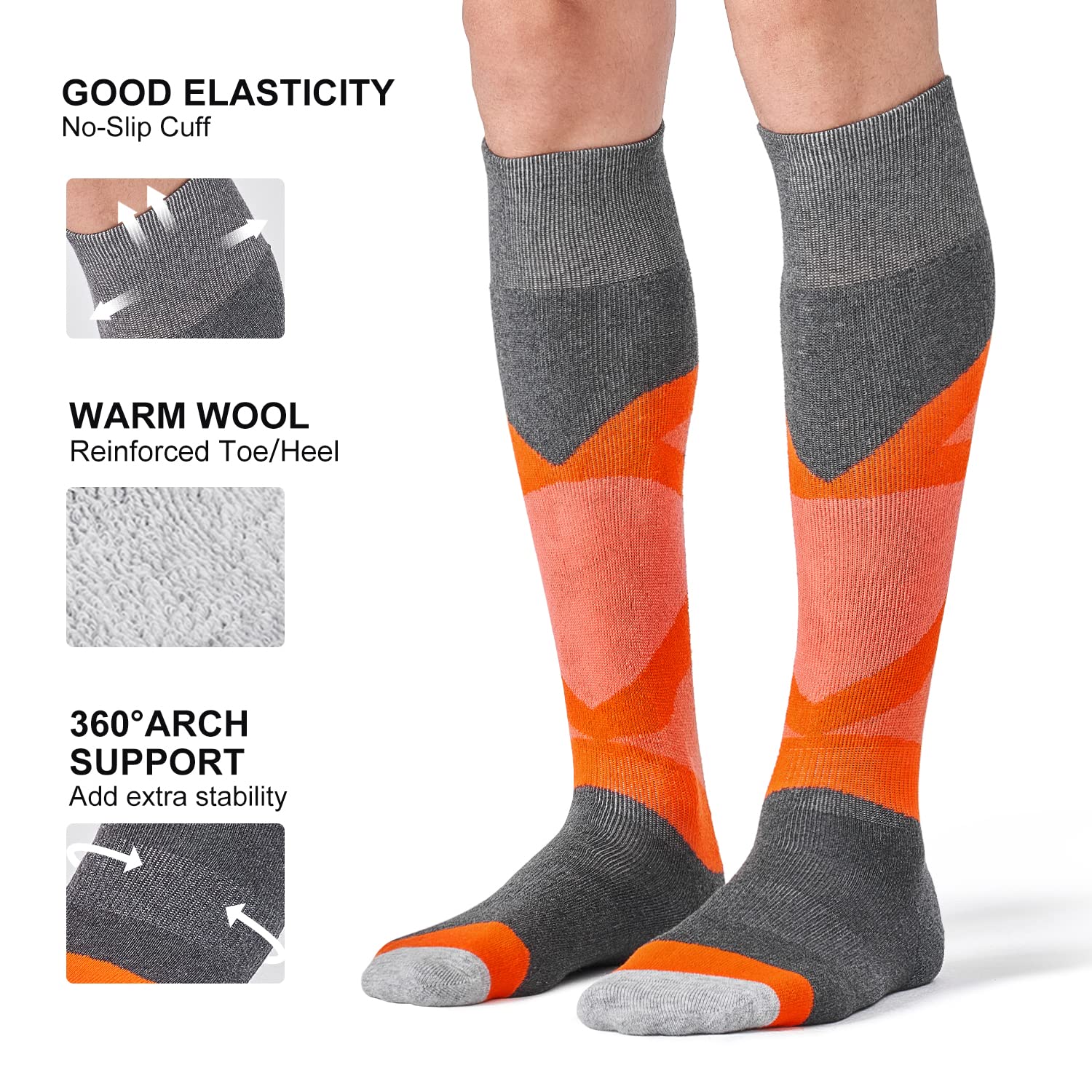 CS CELERSPORT 2 Pack Merino Wool Men's Ski Socks with Full Cushion, Winter Warm Thermal Socks for Skiing Snowboarding, Light Grey+Orange, Large