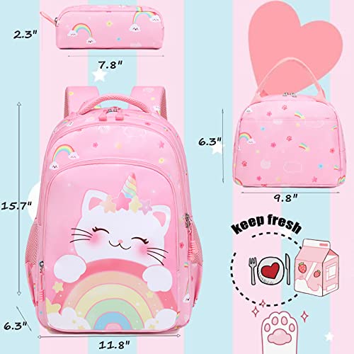 Jumpopack Unicorn Backpack for Girls School Backpack for Elementary Girls Backpack with Lunch Box Lightweight Water Resistance School Bag Preschool Kids Bookbag,Unicorn Cat