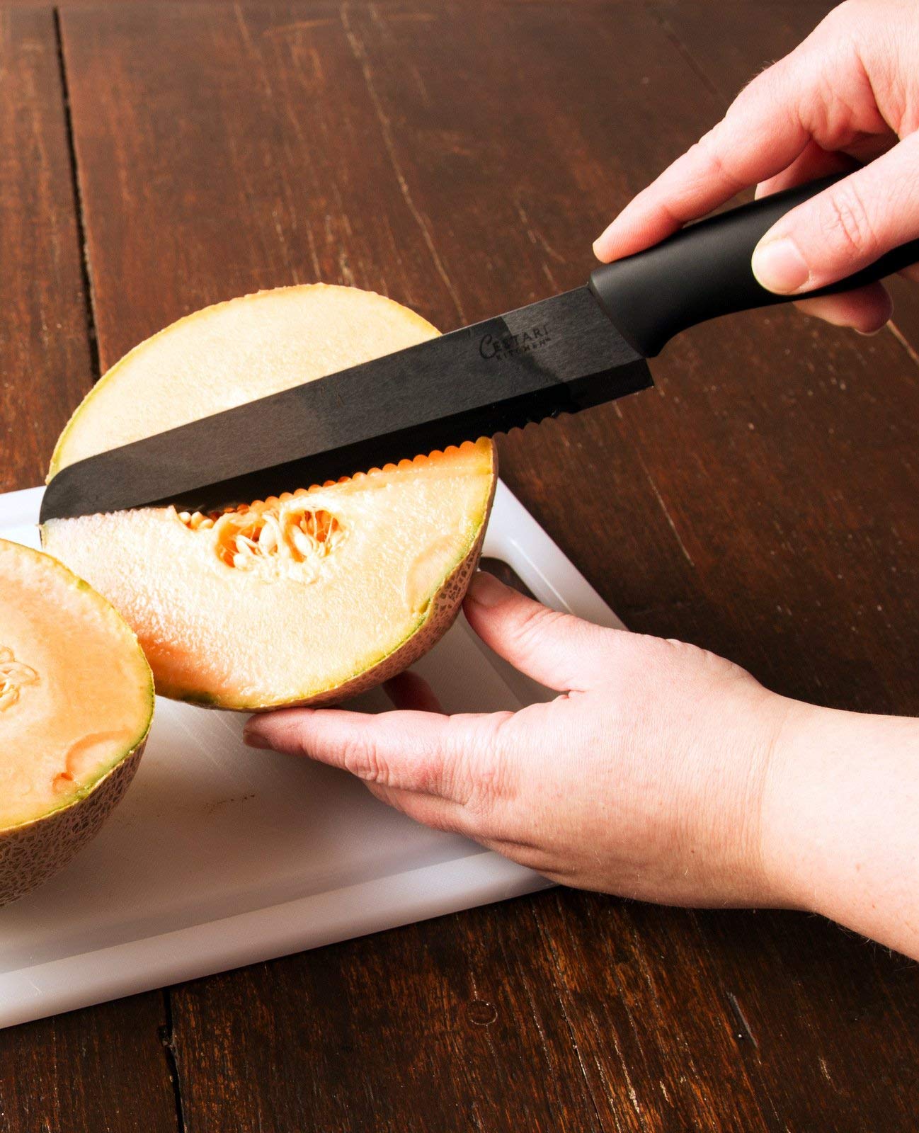 Cestari Serrated Ceramic Knife Set of 2 Knives and Peeler: includes 6 inch Tomato Knife, 8 inch Bread Knife, and Straight Edge Ceramic Vegetable Peeler