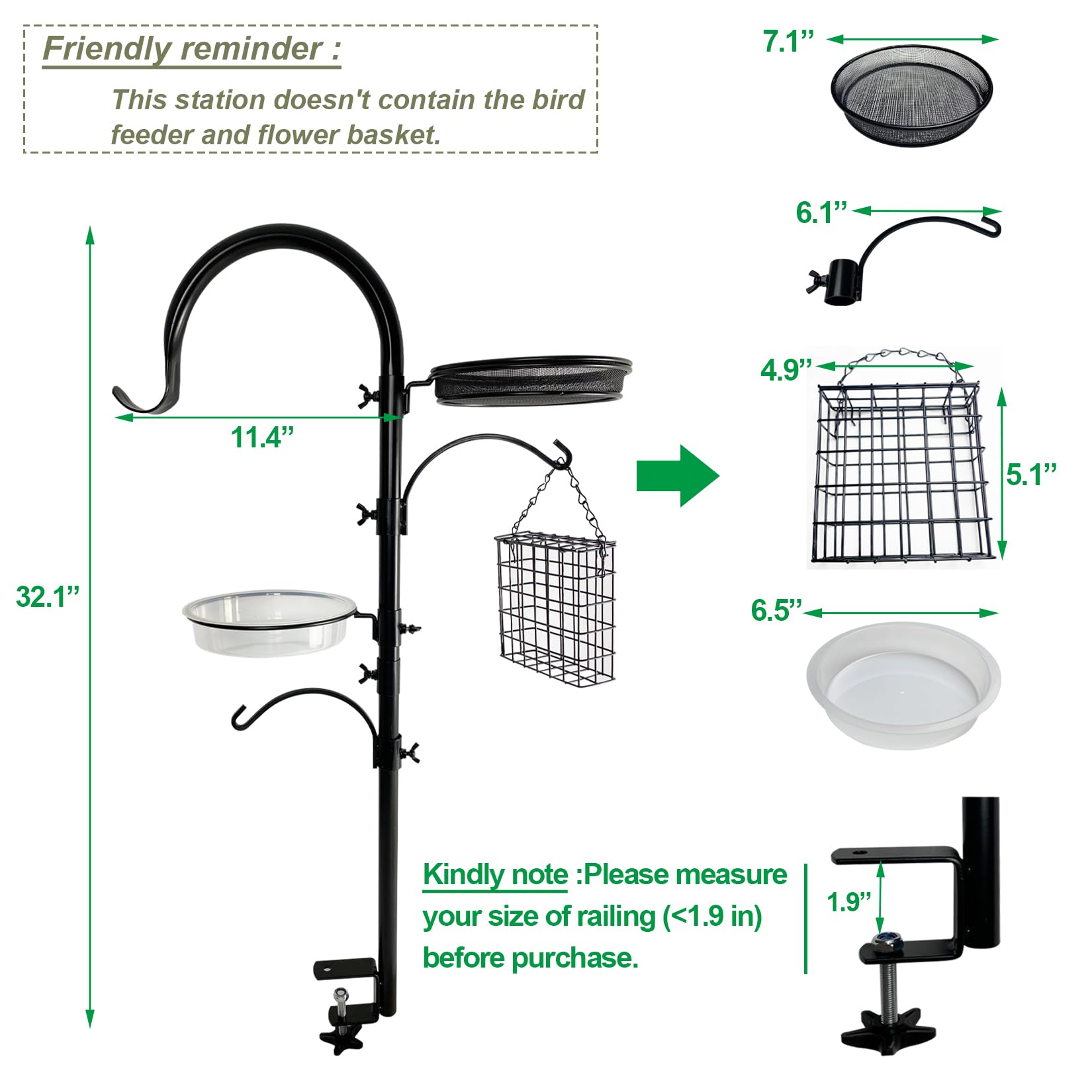 CQAIRIOU Upgraded Bird Feeding Station Kit,Deck Railing Bird Feeder Pole with 3 Hooks,Bird Bath,Mesh Tray and Suet Cage,Multi-Design Style,Used for Balcony Bird Feeder&Plant Hanger