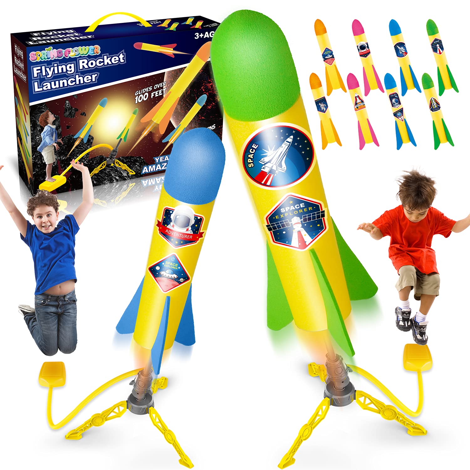 SpringFlower Toy Rocket Launcher for Kids, 2 Sturdy Rocket Launchers, 8 Colorful Foam Rockets, Fun Outdoor Toy for Kids, Gift for Boys & Girls Age 3, 4, 5, 6, 7, 8+ Years Old