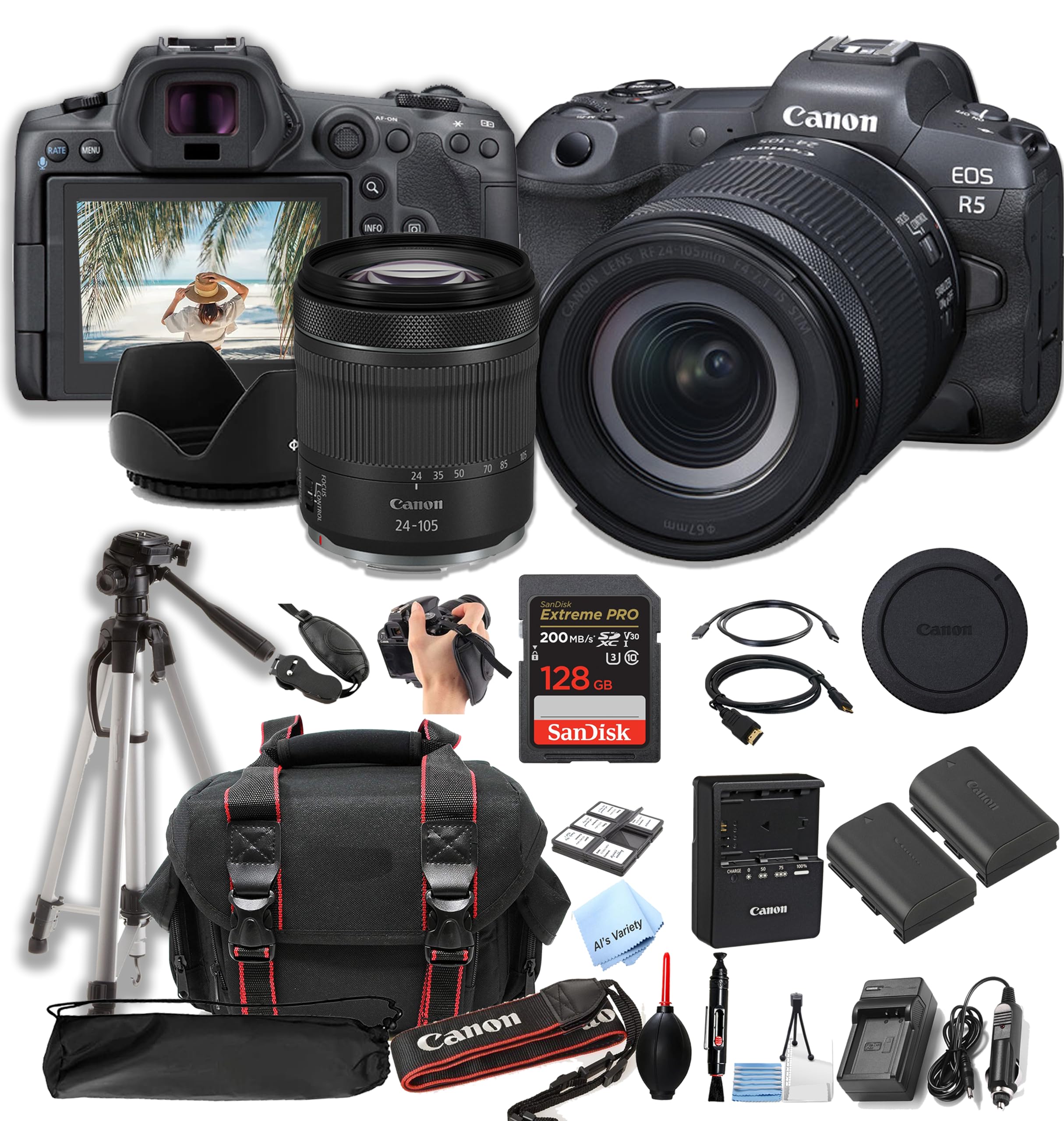Canon EOS R5 Mirrorless Camera withRF 24-105mm f/4-7.1 STM Lens + 128GB Pro Speed Memory + Case + Tripod -Proffesional Bundle