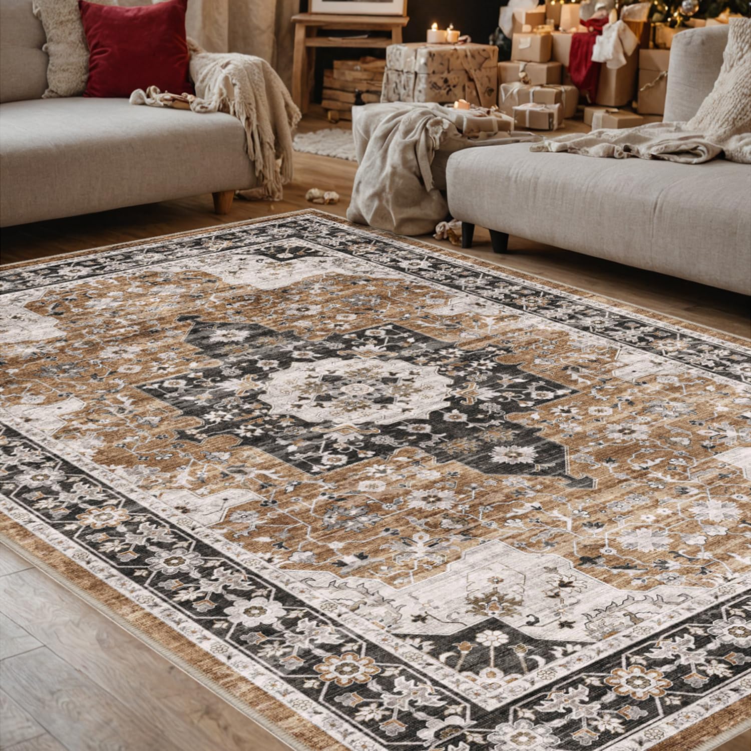 DEXI Washable Area Rug, Soft Vintage Indoor Rugs for Bedroom Living Room Kitchen Dining Room, Non-Slip Low-Pile Floor Carpet Mat for High Traffic Inside House, 8'x12', Brown
