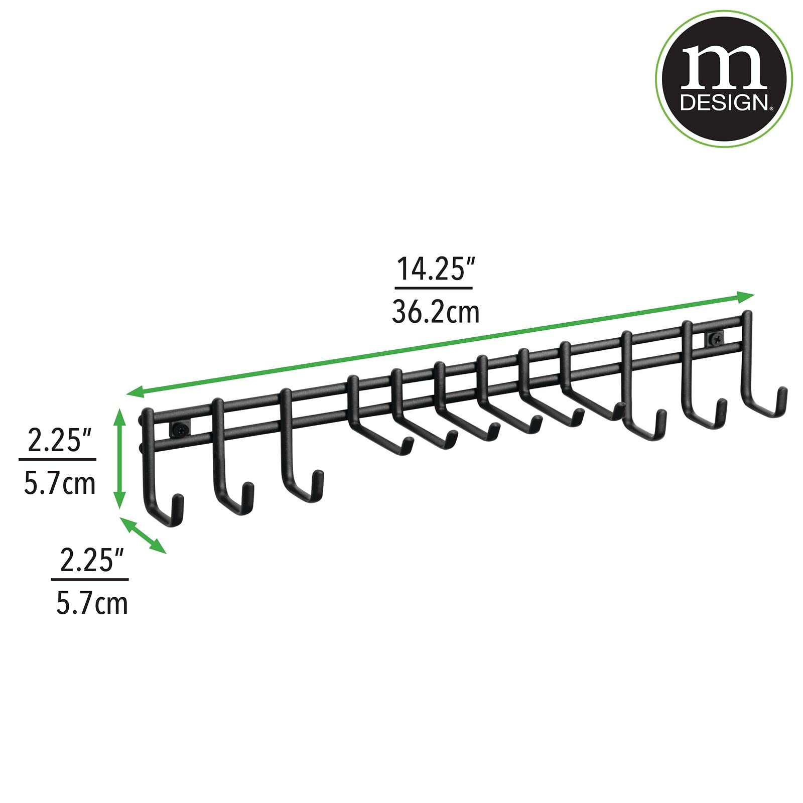 mDesign Closet Wall Mount Metal Accessory Organizer and Storage Center - Modern Slim Holder for Womens and Mens Ties, Belts, Scarves, Sunglasses, Watches - 12 Hooks, 2 Pack, Matte Black