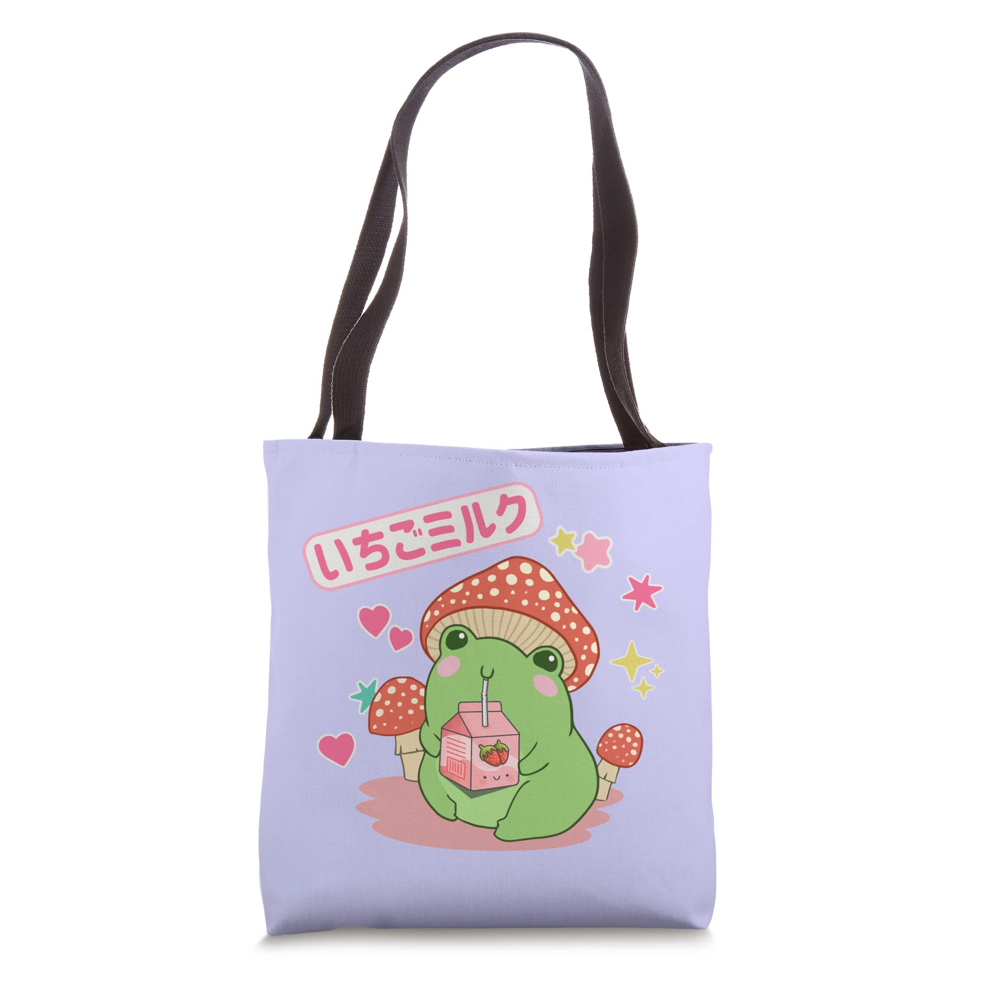 Cottagecore Art Kawaii Frog Strawberry Milk Japanese Graphic Tote Bag
