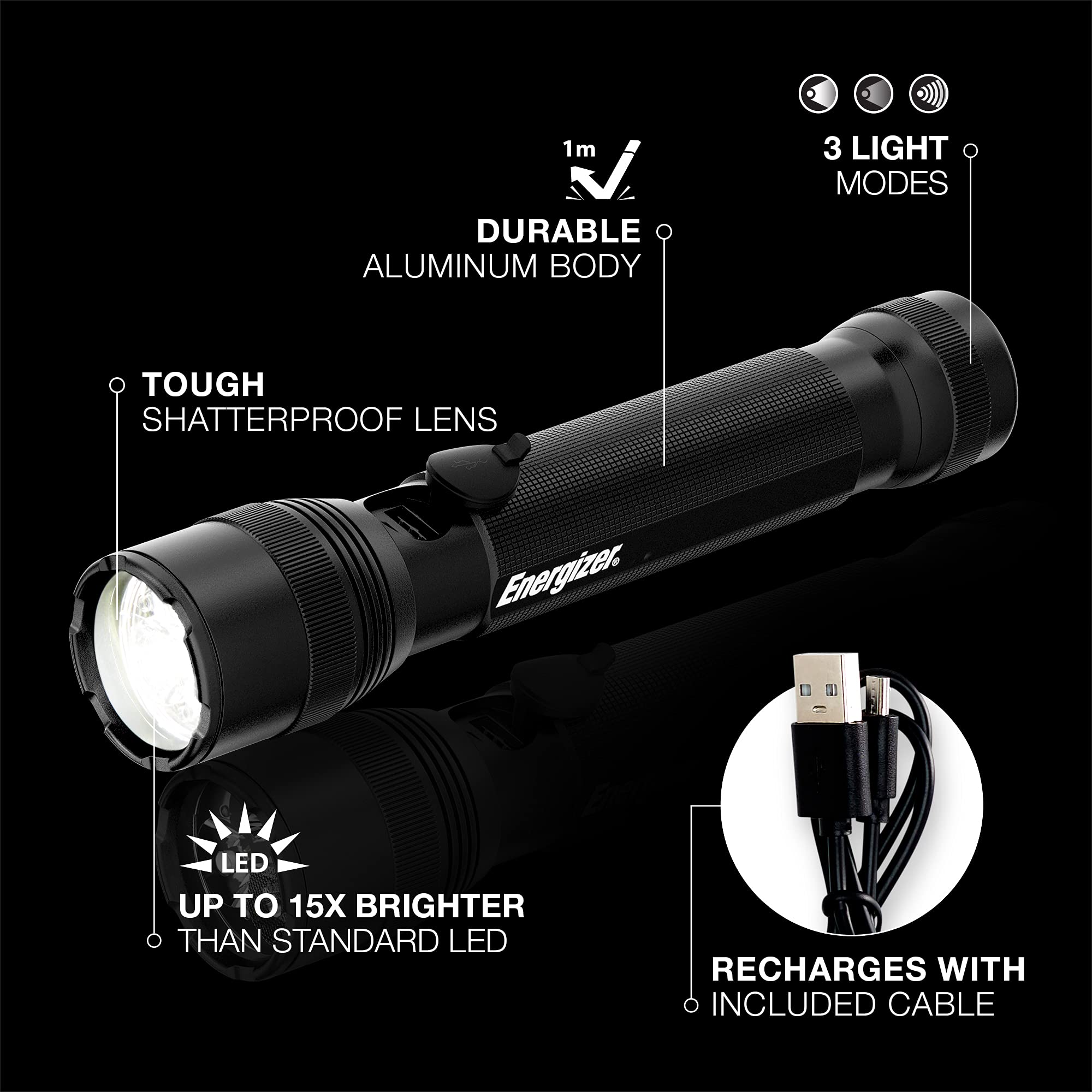 Energizer 1000 Lumen Rechargeable LED Flashlight Bundle with 2000 Lumen Rechargeable LED Flashlight, 2 Pack