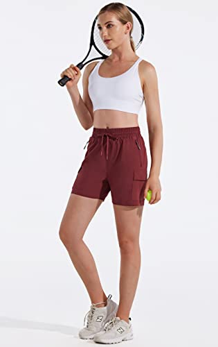 MASKERT Women's Hiking Cargo Shorts Quick Dry Athletic Golf Shorts 5 Inches Lightweight Running Summer Casual Shorts with Pockets, Ruby Wine L