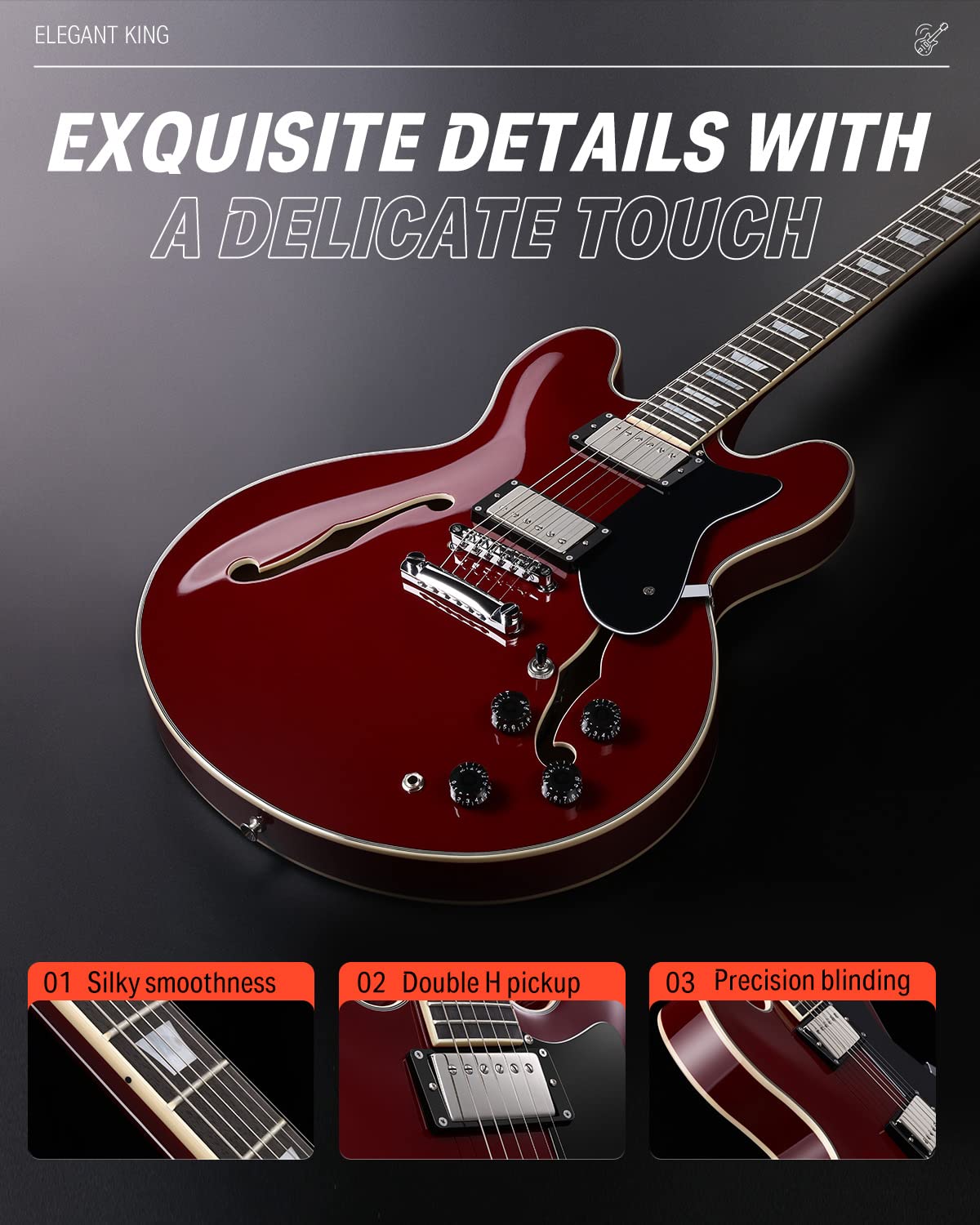 Donner Semi-Hollow Electric Guitar, DJP-1000 Jazz Guitar with H-H Pickups & Coil-splitting Function, 335 Electric Guitar Bonus Bag, Cable, Strap