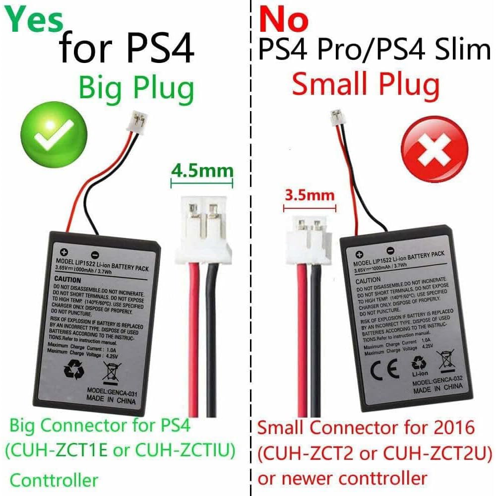 Tesurty (3.65V,1000mAh/3.7WH LIP1522 Big Connector Replacement Battery for PS4 DualShock 4 Controller LIP1522 (not Compatible PS4 pro/PS4 Slim)