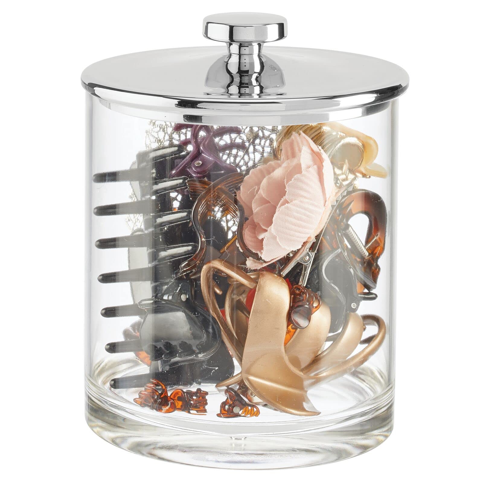 mDesign Medium Modern Apothecary Storage Organizer Canister Jars - Acrylic Containers for Bathroom, Organization Holder for Vanity, Counter, Makeup Table, Lumiere Collection, 2 Pack, Clear/Chrome