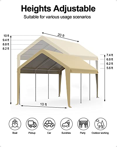 DEXSO Carport 10'x20' Heavy Duty Steel Canopy Height Adjustable & Portable Garage with Roll-up Ventilated Side Doors for Truck Boat Car Port, Party, Equipment Placement, Straw