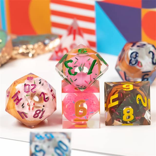 Donut Sharp DND Dice Set with Leather Dice Box | for Dungeons and Dragons, D&D, Sharp Edge, D20 Polyhedral Resin Dice, Dungeons and Dragons Gifts, Accessories