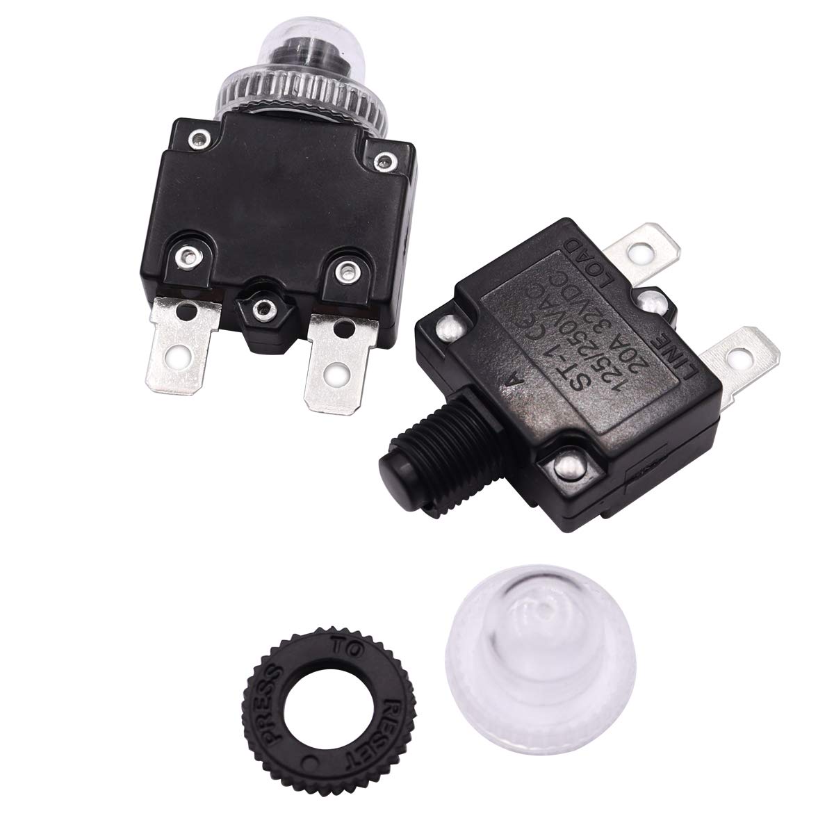 smseace 2PCS 20Amp Electric Button Breaker 125/250VAC, Overload Protector with Manual Reset, Waterproof Button Cap ST-1-20A