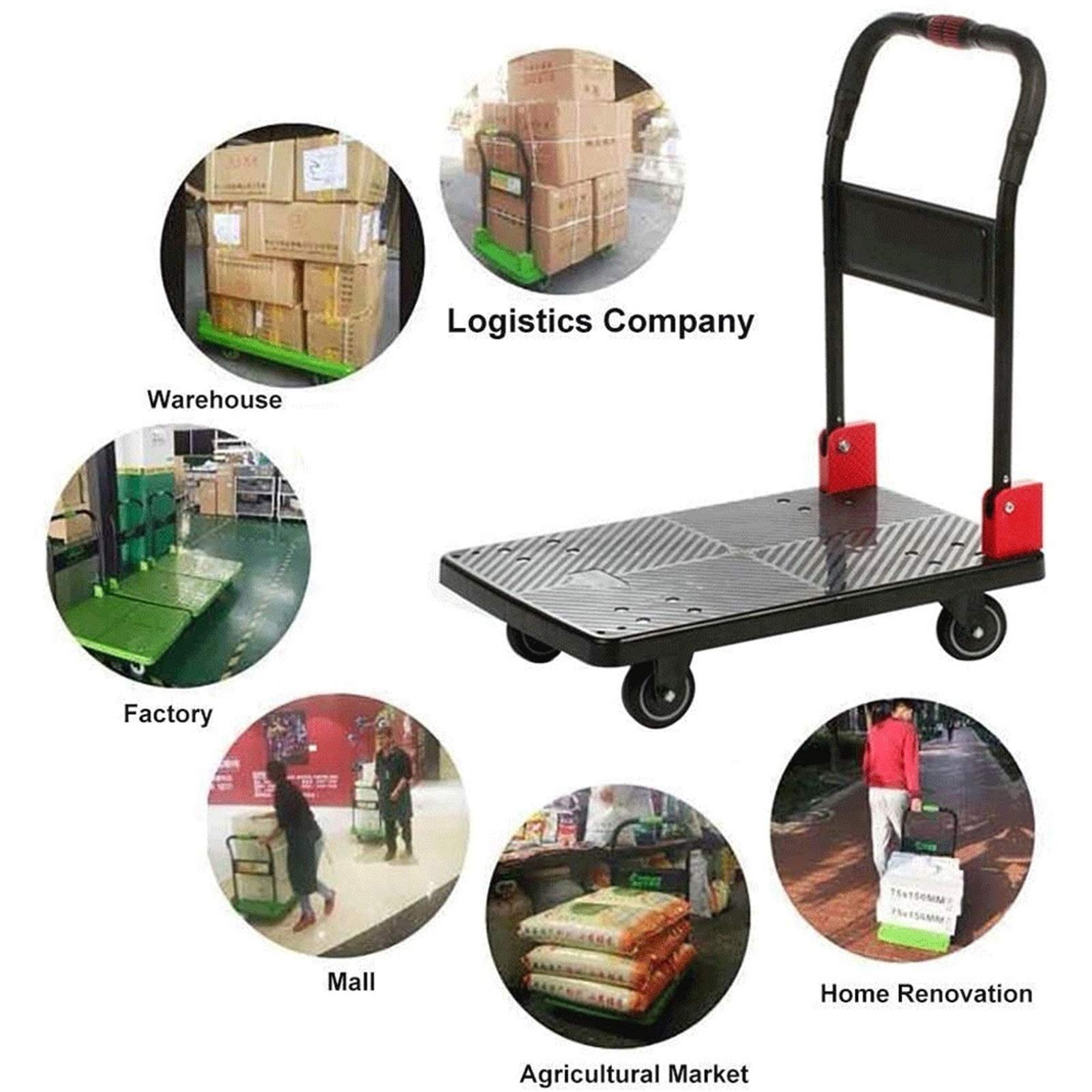 FBITE 330KG Foldable Shopping Flatbed Heavy Duty Foldable Hand Sack Truck with Mute Wheel, Industrial Warehouse Platform Truck for Indoor Outdoor, E