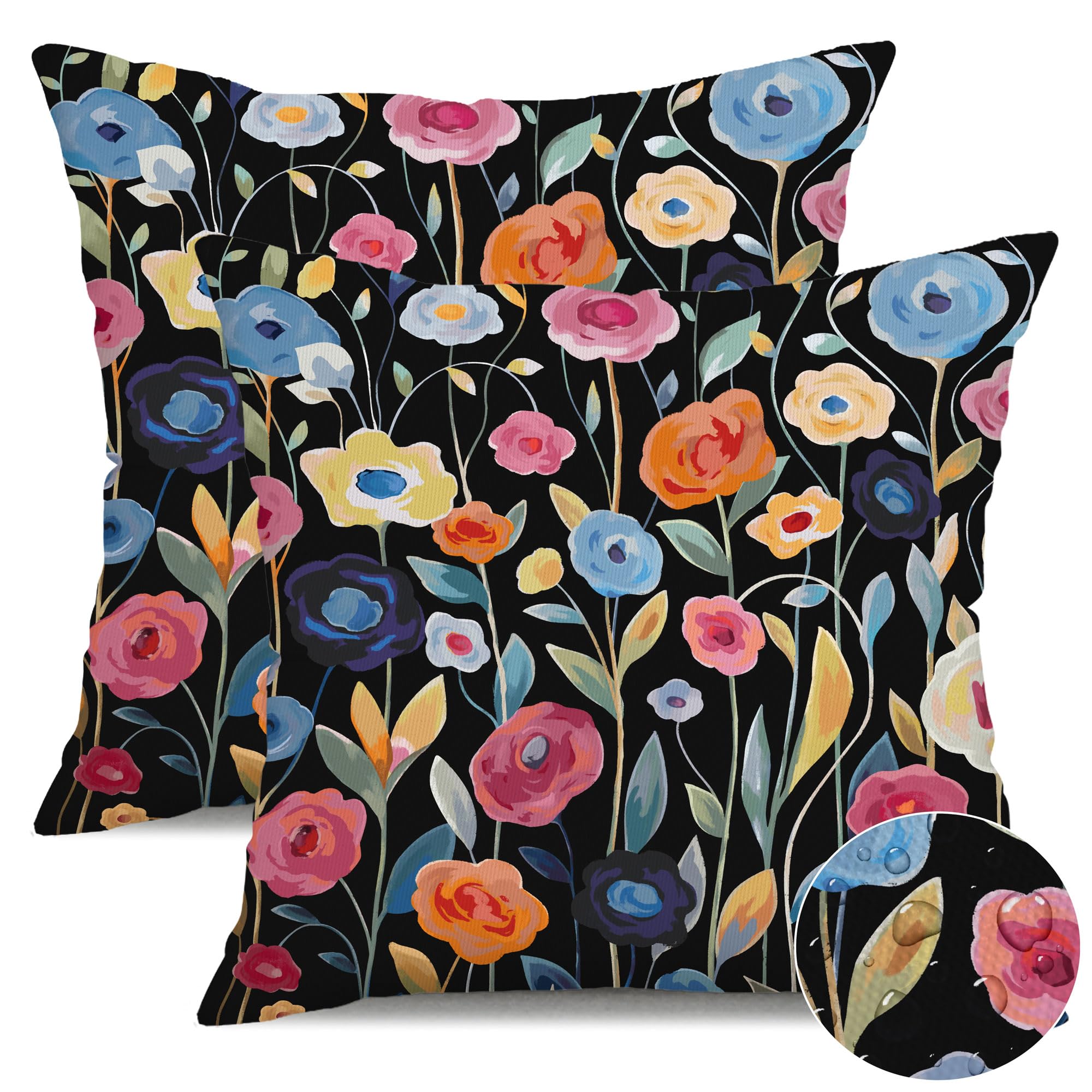 DFXSZ Outdoor Pillow Covers 18x18 Inch Set of 2 Colorful Flower Decor Black Throw Pillow Covers Outdoor Summer Waterproof Pillow Covers Decor for Patio Funiture Garden Sofa Couch 7F18