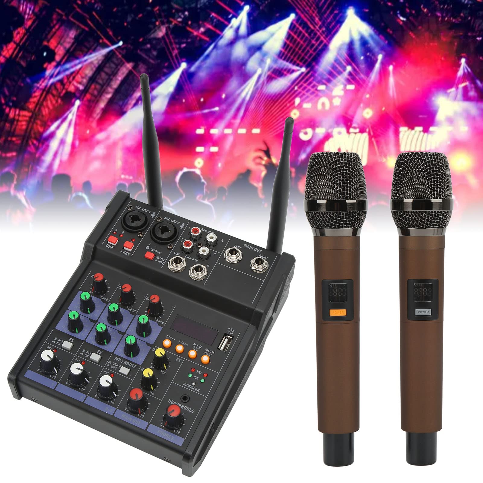 CUEI 4 Channel Audio Mixer, Professional USB Bluetooth MP3 Sound Board Console System with 2 Wireless Mics, 16 DSP & Stereo/Mono Adjustment, Portable DJ Mixer for PC Recording, Live Streaming