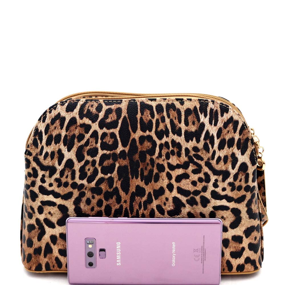 Trendeology Leopard Print Front Pocket Compartment Vegan Leather Dome Crossbody Purse Bag (Leopard3 - Tan) Medium