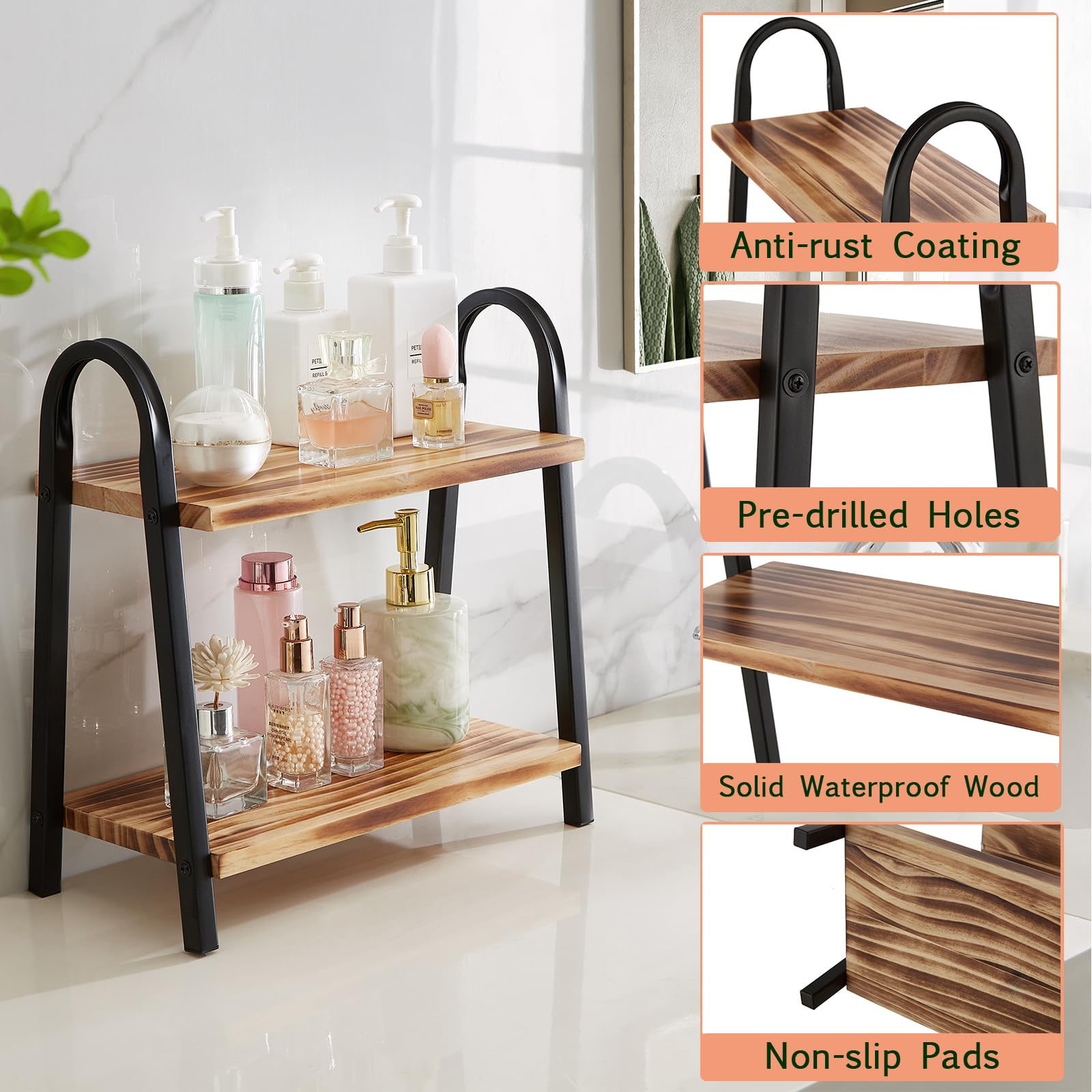 Goporcelain Bathroom Organizer, 2 Tier Wood Shelf, Countertop Organizer for Skincare, Kitchen Sink