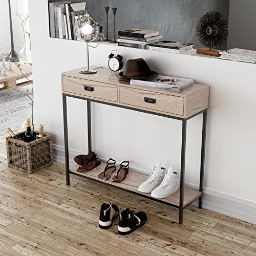 roomfitters Oak Wood Console Table with 2 Drawers, Hallway Foyer Table with Storage Shelves, Narrow Long Sofa Table, Side Table for Living Room, Hallway, Black Metal Frame, Rustic Brown