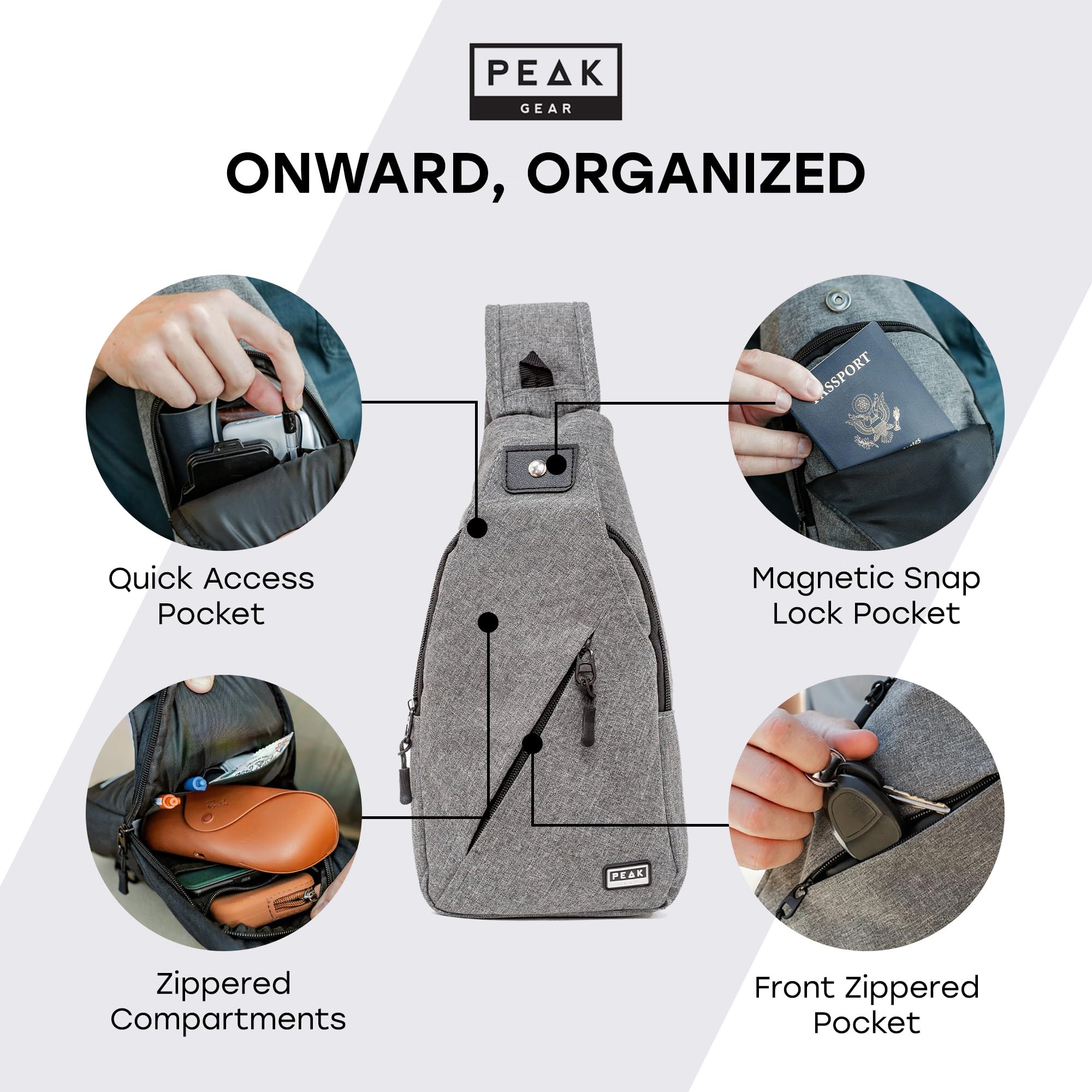 Peak Gear Travel Sling Bag. Compact Crossbody Bag | Lighter and Smaller than a Backpack | Lifetime Lost & Found ID Tag | Gray