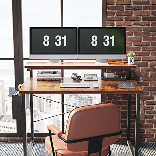ODK Computer Desk with Adjustable Monitor Shelves, 40 inch Home Office Desk with Monitor Stand, Writing Desk, Study Workstation with 3 Heights (10cm, 13cm, 16cm), Rustic Brown