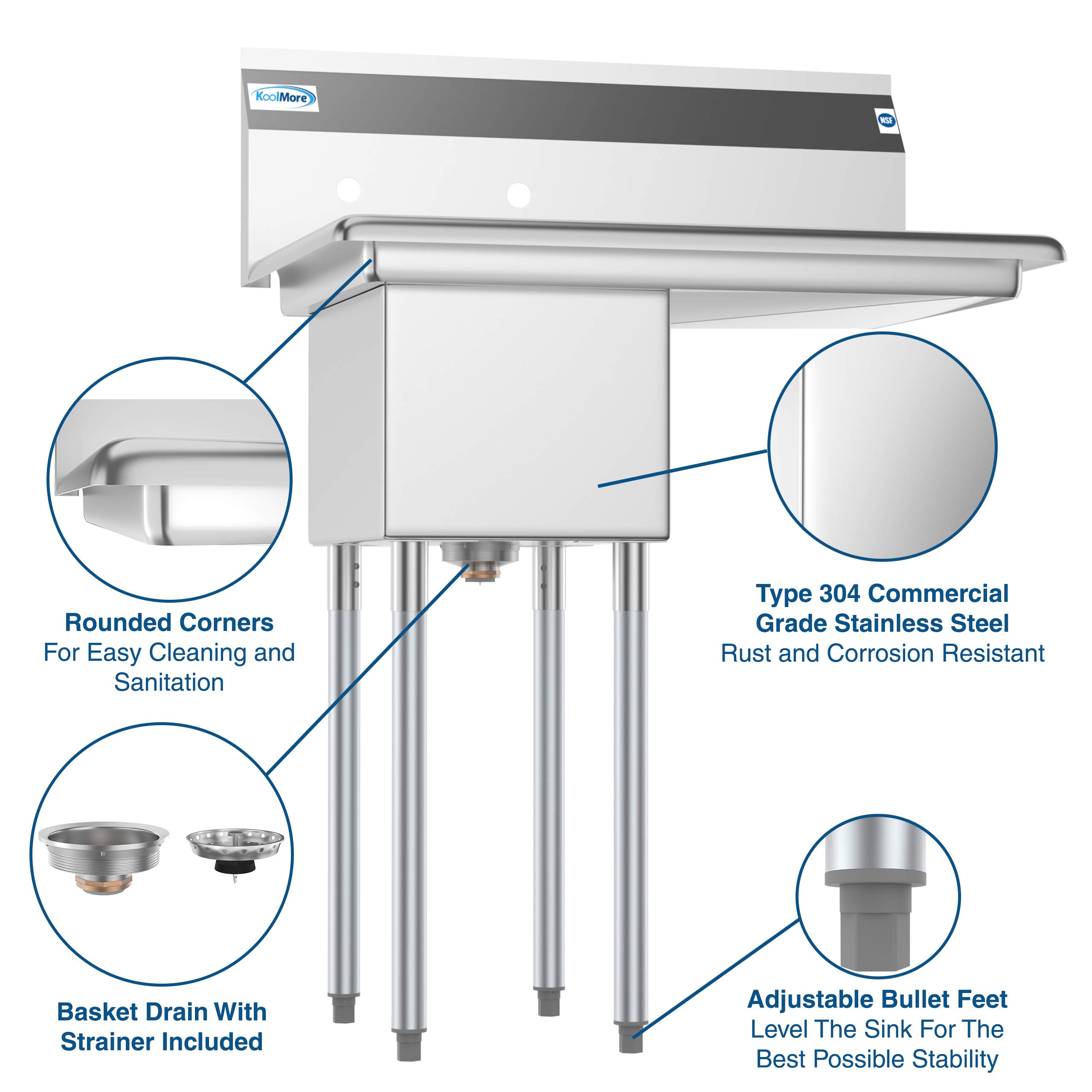 KoolMore 1 Compartment Stainless Steel NSF Commercial Kitchen Prep & Utility Sink with Drainboard - Bowl Size 12" x 16" x 10", Silver