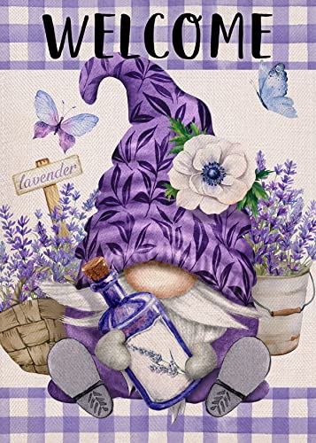 Dyrenson Welcome Spring Gnome Lavender Anemone Flower Decorative Garden Flag, Purple Buffalo Plaid Check Butterfly Floral House Yard Outside Decorations, Summer Farmhouse Outdoor Small Decor 12x18