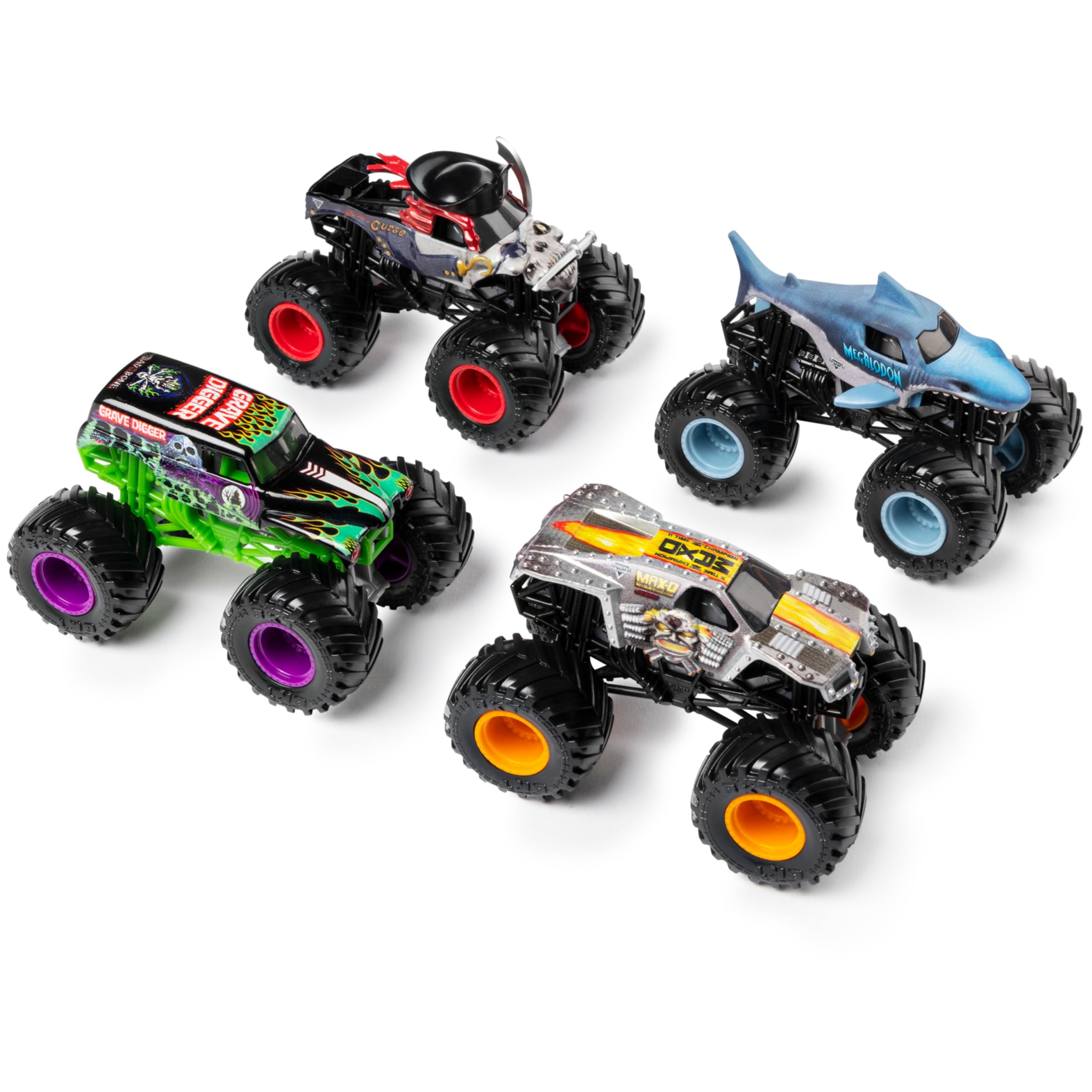 Monster Jam, Land vs. Sea 4 Pack Monster Trucks (Grave Digger, Max-D, Megalodon, and Pirate’s), 1:64 Scale, Kids Toys for Boys and Girls Ages 3 and up