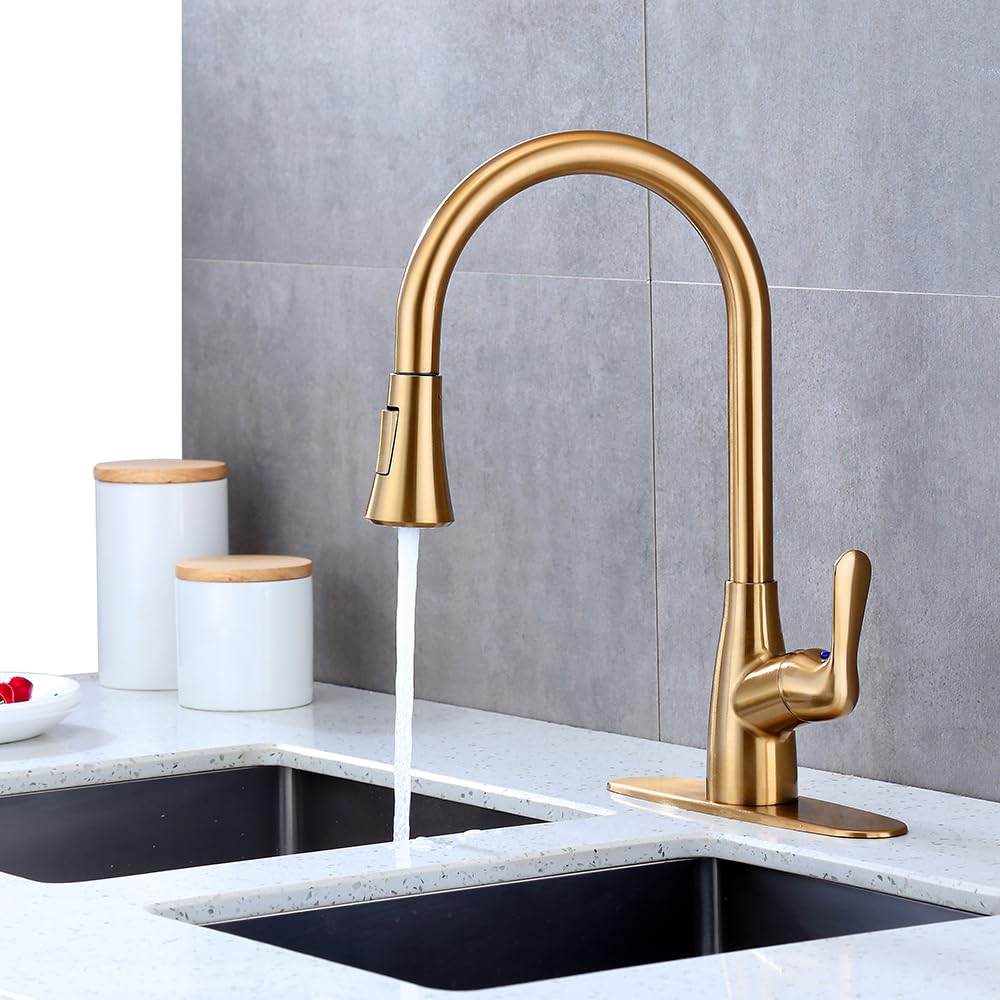 Derengge Pull-Down Sprayer Kitchen Faucet, Brushed Gold Single Handle Kitchen Sink Faucet,1 Hole or 3 Hole Installation,KF-0258-BG
