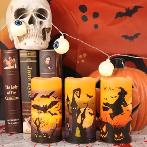 DRomance Halloween LED Flameless Pillar Candles Battery Operated with 6 Hour Timer Set of 3 Orange Wax Warm Light Flickering Witch Bats Castle Spooky Decals Halloween Decor Gifts(3 x 6 Inch)