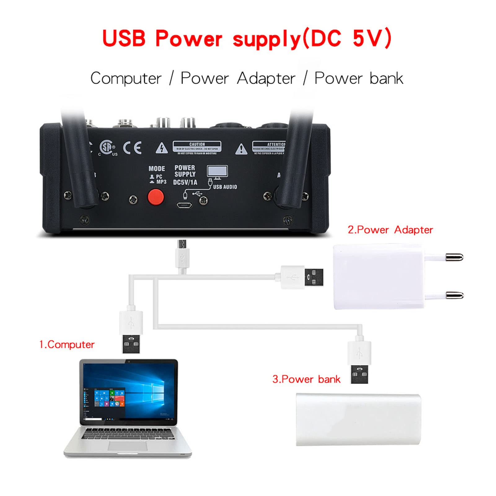CUEI 4 Channel Audio Mixer, Professional USB Bluetooth MP3 Sound Board Console System with 2 Wireless Mics, 16 DSP & Stereo/Mono Adjustment, Portable DJ Mixer for PC Recording, Live Streaming