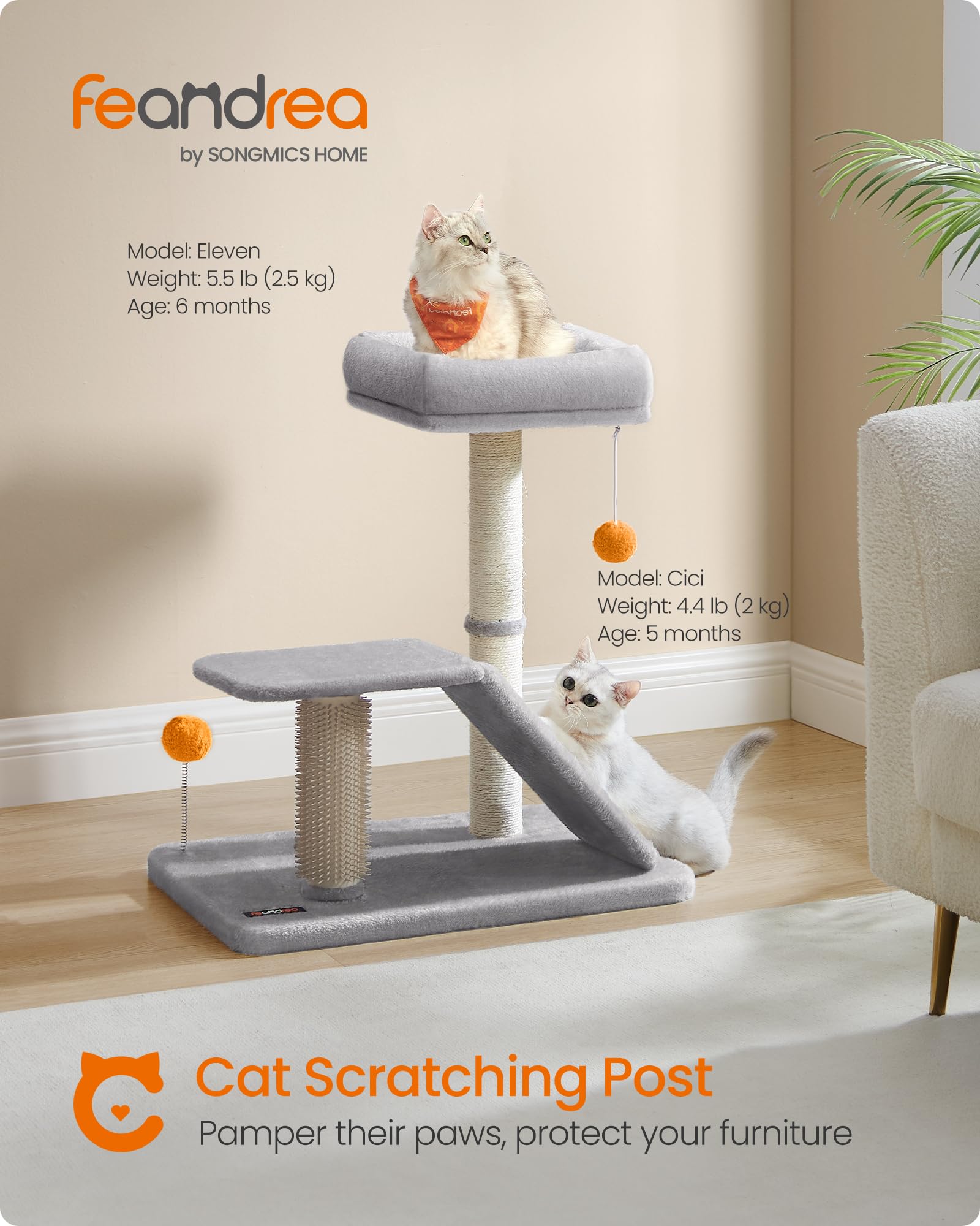 Feandrea Cat Scratching Post, Small Cat Tree Tower, Multifunctional Cat Scratcher with Self Groomer Brush, Rotatable Ramp, Pompoms, Cat Perch Bed for Indoor Cats, Light Gray UPCA024G01