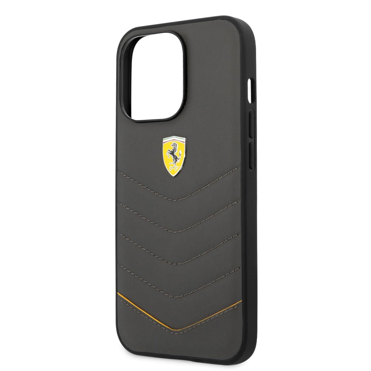 CG MOBILE Ferrari Phone Case for iPhone 13 Pro in Gray with Quilt & Yellow Edge, Real Leather Protective & Durable Case with Easy Snap-on, Shock Absorption & Signature Logo