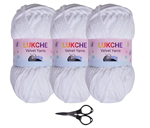 Lukche Super Soft Velvet Chenille Blanket Amigurumi Crochet Baby Blanket Knitting Yarn Super Bulky 3x100 gr (3x132 yds) Including Foldable Scissors (10001-White)