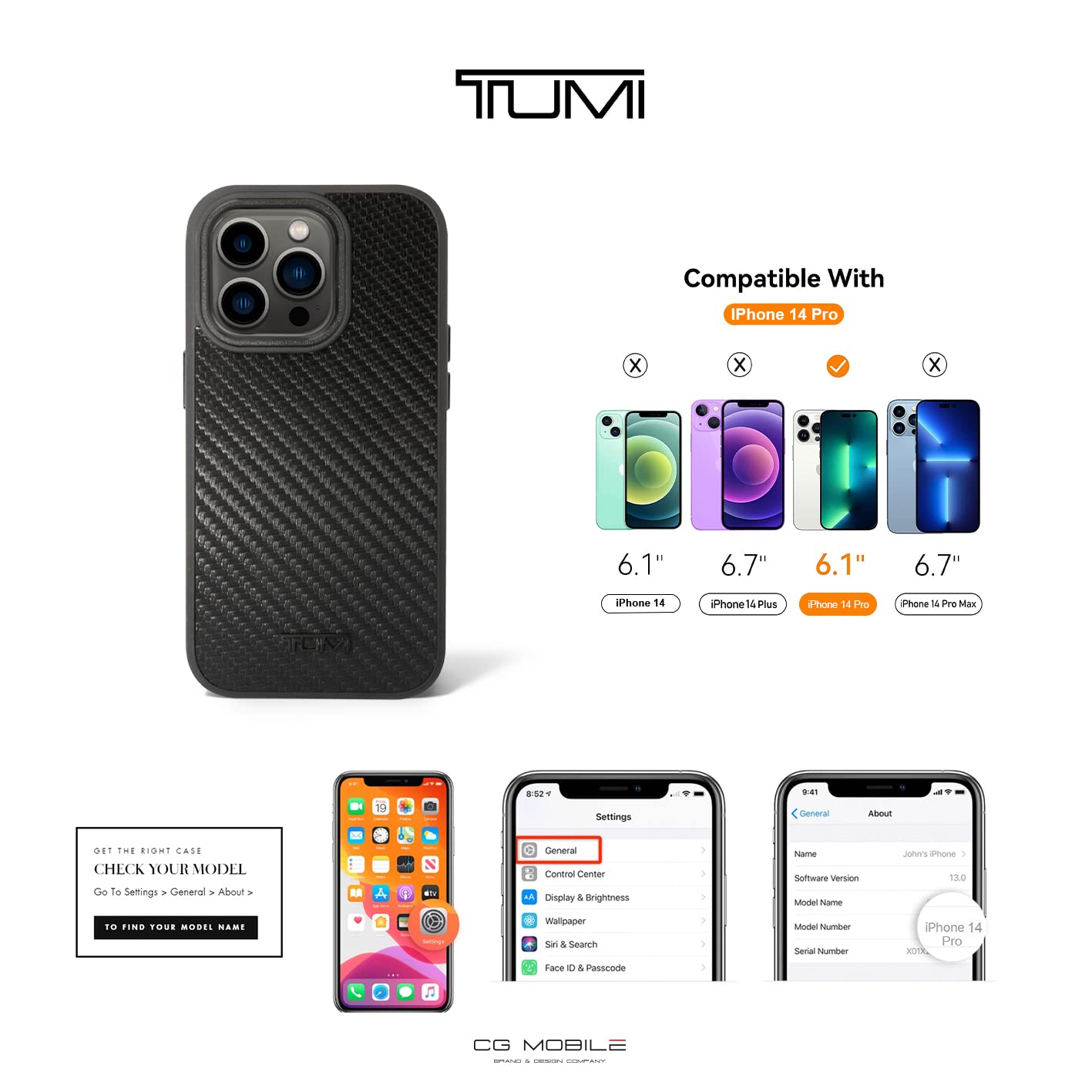 CG MOBILE TUMI Phone Case for iPhone 14 Pro in Black Aluminum Carbon Pattern, Real Protective & Durable Case with Easy Snap-on & Signature Logo
