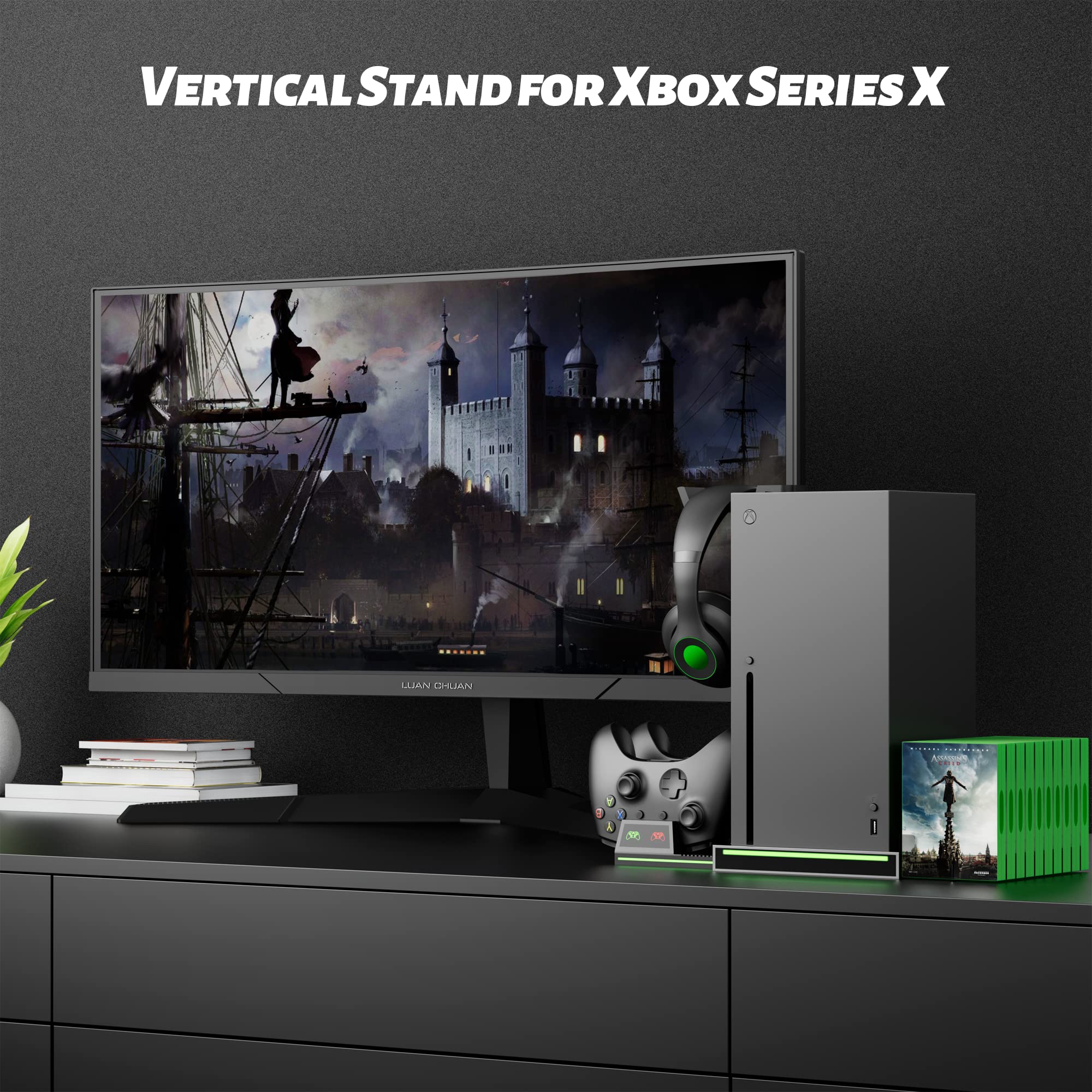 Charging Stand for Xbox Series X, RTTACRTT Dual Controller Charging Station Dock with 2 Rechargeable Battery Pack, 10 Game Storage Organizer & Headphone Holder for Xbox Series X Accessories