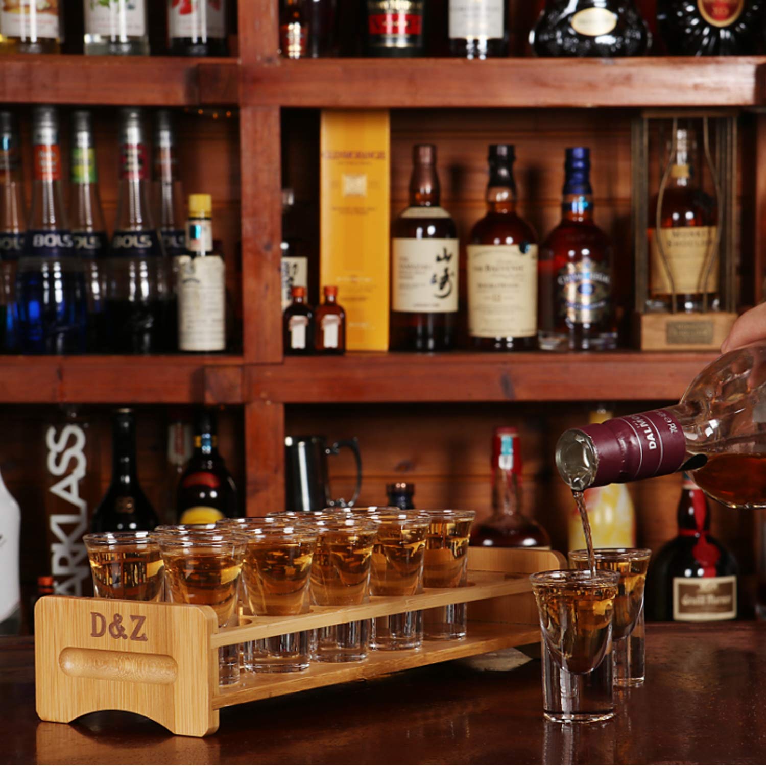 D&Z Bamboo Wooden Shot Glass Holder/Tray with 12 Crystal 1oz Clear Shot Glasses