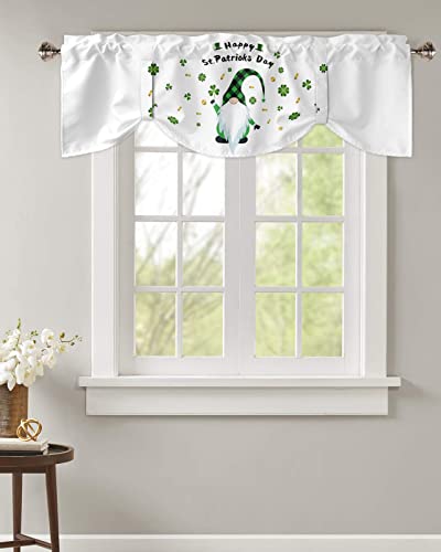 Tie Up Valance Curtain for Kitchen Windows, Happy St Patricks Day Clover Dwarf Gold White Window Curtain Valance with Adjustable Strap Window Treatment for Cafe Bathroom, 60"x18", 1 Pane